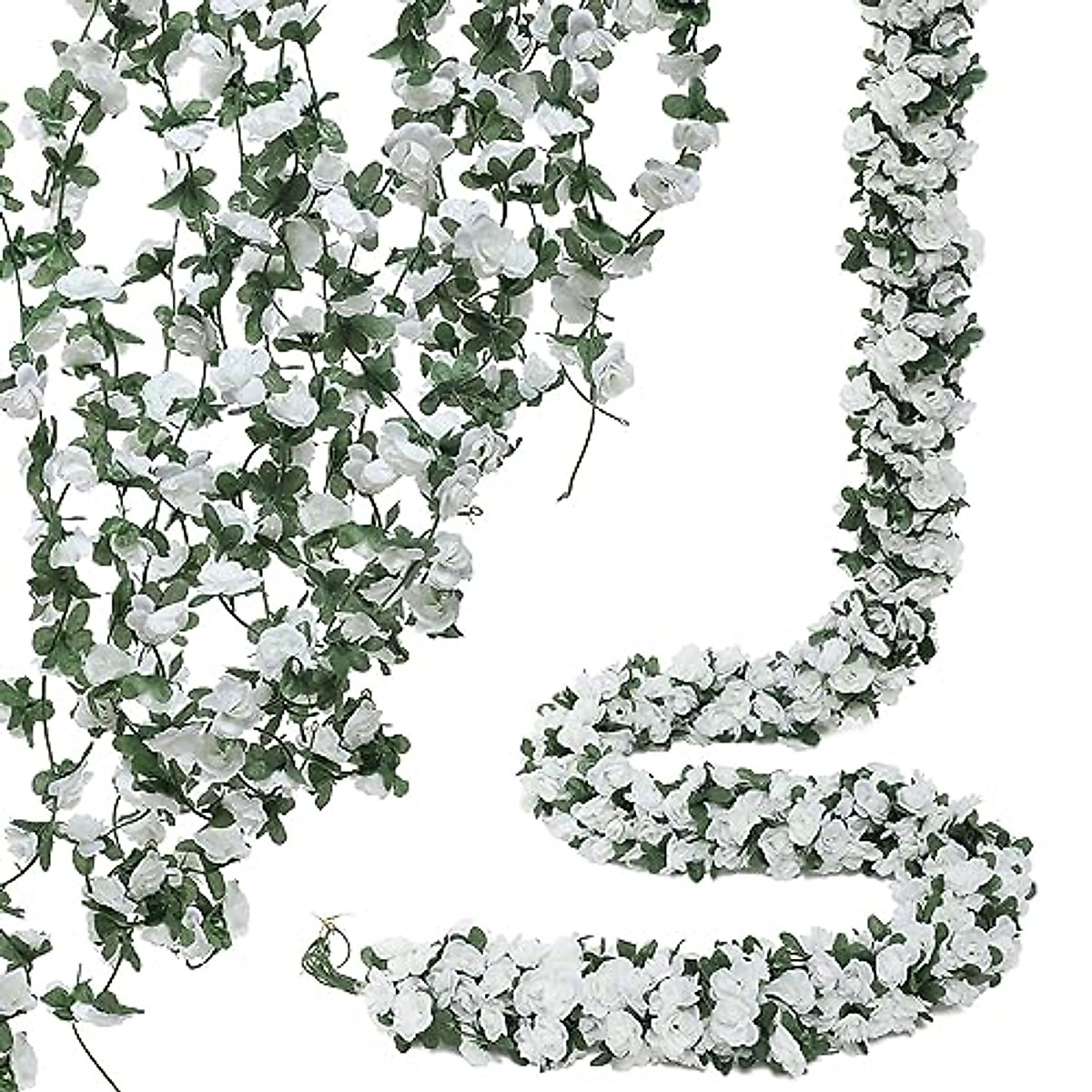 Senseya 6pcs 48FT Artificial Flower Garlands, Fake Peony Vine Artificial Flower with Green Leaves, Hanging Fake Roses Vine for Wedding Home Hotel Office Garden Christmas Wall Arch Decor (Ivory)