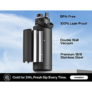 POWCAN 40 oz Insulated Water Bottle with 2-in-1 Straw and Spout Lid, Keep Cold 24H, Leak-Proof, BPA-Free, Double Wall Stainless Steel Water Bottle for Sports, Gym, Travel, and School (Black)