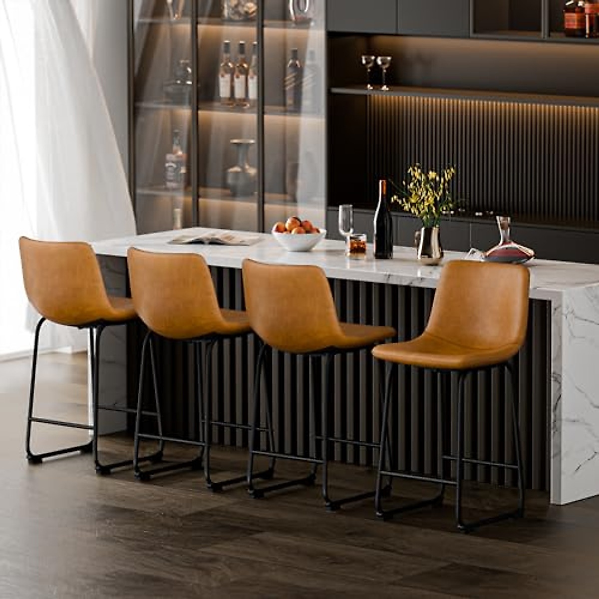 Aowos Bar Stools Set of 4, Modern Counter Height Bar Stools with Back, 26 inch Faux Leather Bar Stools with Metal Legs and Footrest, Urban Armless Dining Chairs for Kitchens Island (Brown)
