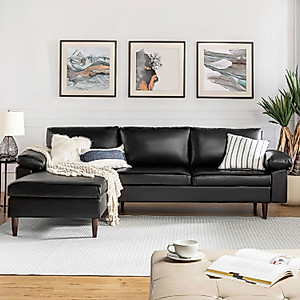 HULALA HOME 108" L Shaped Faux Leather Couch, 3 Seater Chaise Lounge Sofa with Comfy Pillow-Designed Armrest&Backrest, Mid Century Modern Sofa Couch for Living Room, Black