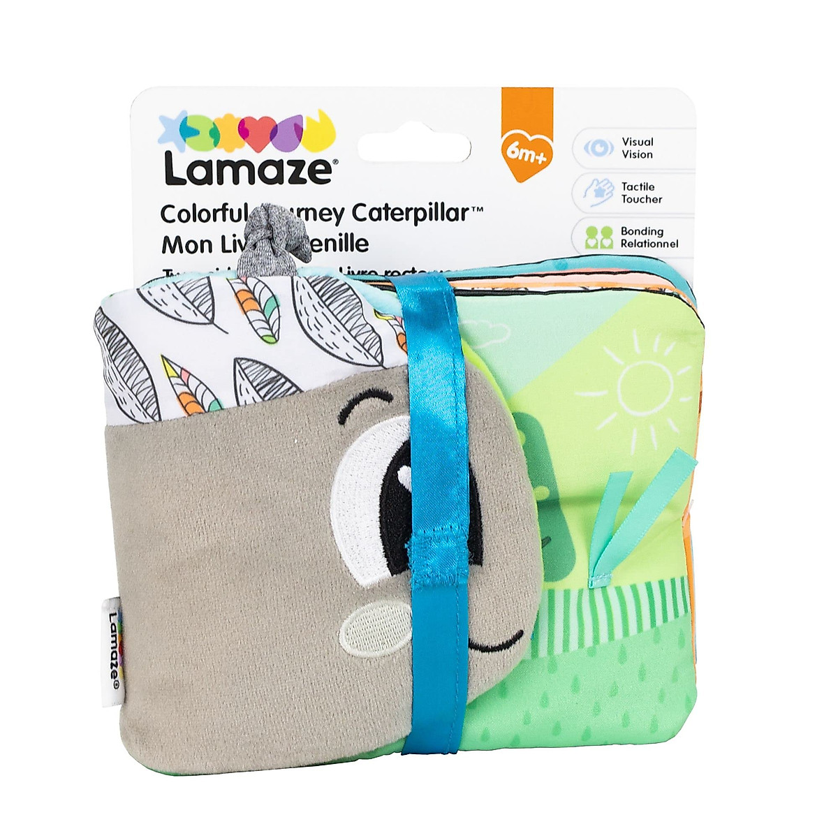 Lamaze Colorful Journey Caterpillar High Contrast Baby Book - Soft Fabric Baby Sensory Books - Includes Chewy Apple for Teething Babies - Baby Sensory Toys Ages 6 Months and Up