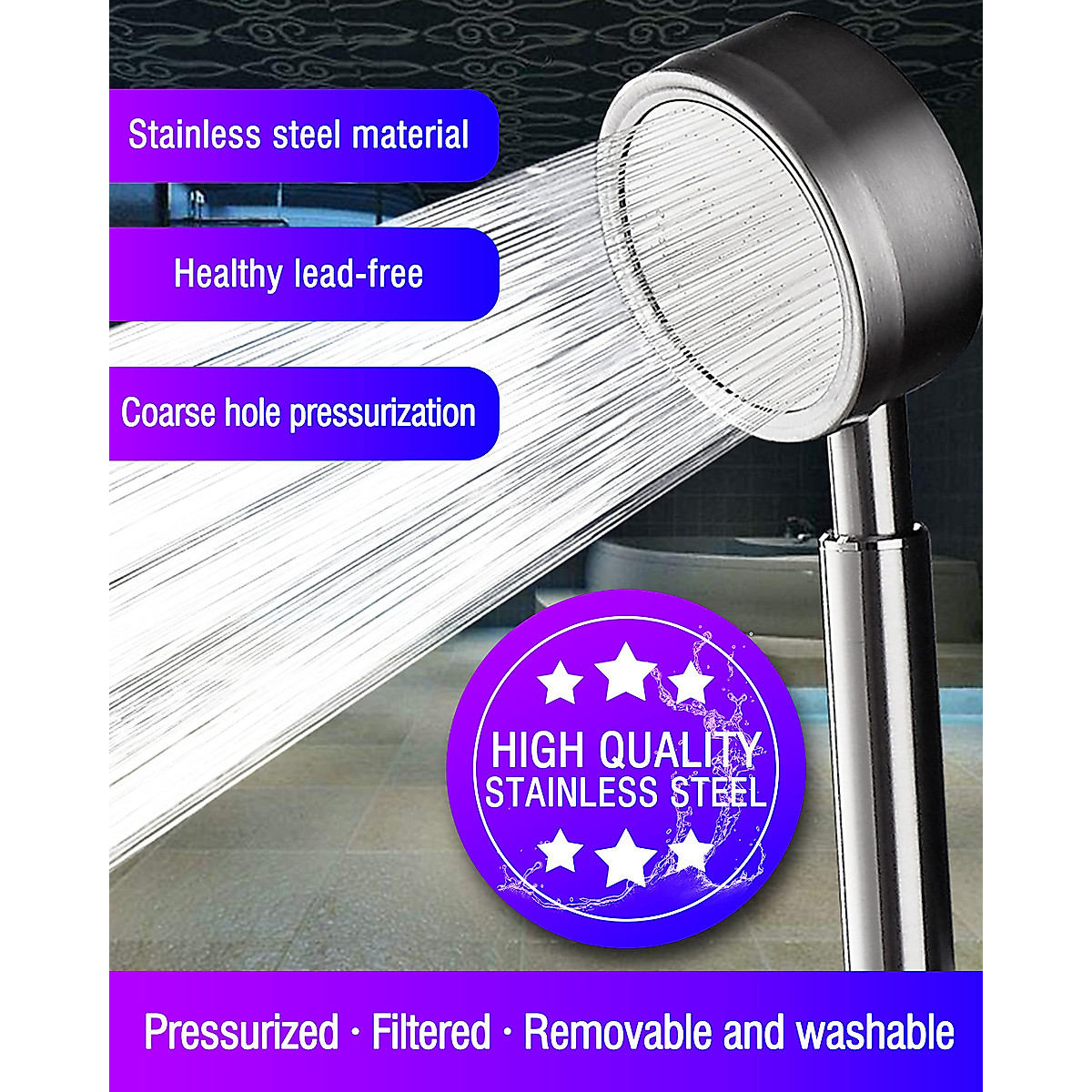 High-pressure shower head with handheld, 304 stainless steel shower head with 78" long hose and extra wall bracket，all metal small hand held detachable bathroom shower heads (silver white)