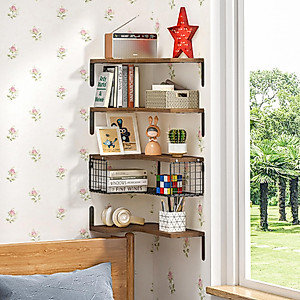 Zincify 4+1 Corner Floating Shelves with Wire Storage Basket, Corner Wall Shelves Rustic Wood for Bathroom, Kitchen, Bedroom, Living Room, Office, Corner Shelf Wall Mounted Dark Brown