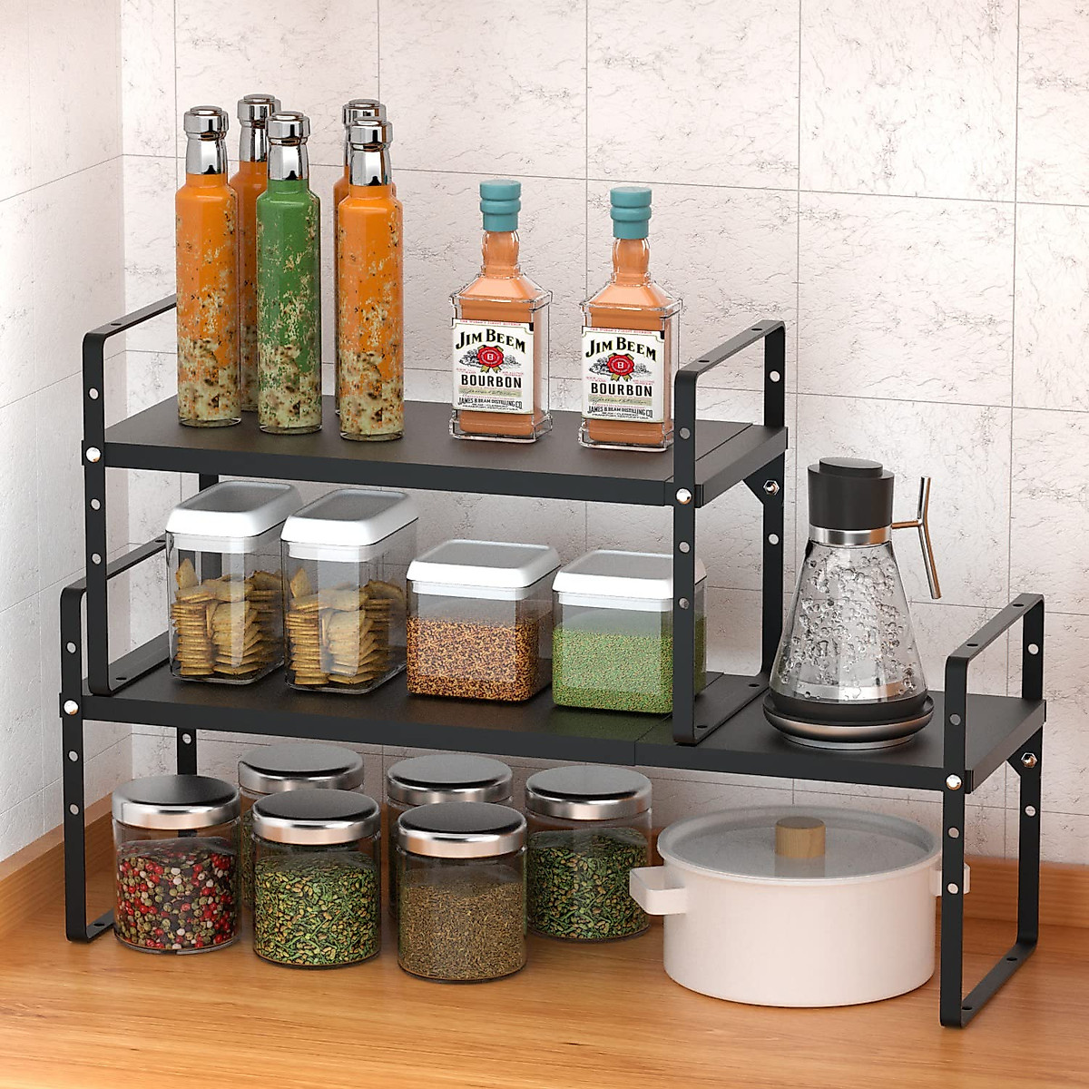 ARCCI Expandable Cabinet Shelf Organizers 2 Pack, Stackable Metal Pantry Storage Shelves Rack, Adjustable Kitchen Counter Shelf for Cabinets, Countertop, Cupboard Organizers and Storage, Black
