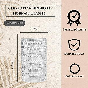 Classic Reusable Plastic Drinking Glasses, Hobnail Design, Shatterproof | 6 Set | Clear Tritan Highball, Acrylic Unbreakable Beaded Cups, Dishwasher Safe 13oz, Kitchen Cups, BPA-free, Indoor, Outdoor