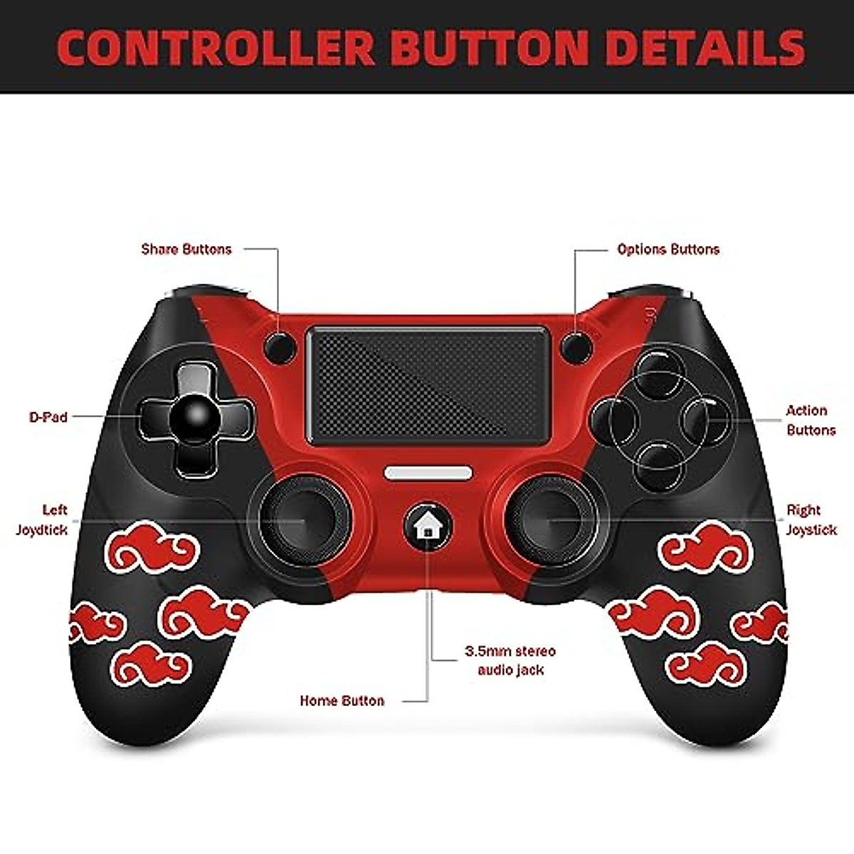 FTFVaska Wireless Controller for PS4 Compatible with PS4/Slim/Pro, Gamepad with Enhanced Dual Vibration/Analog Sticks/6-Axis Motion Sensor/Charging Cable/Thumb Caps! (Red Cloudy)
