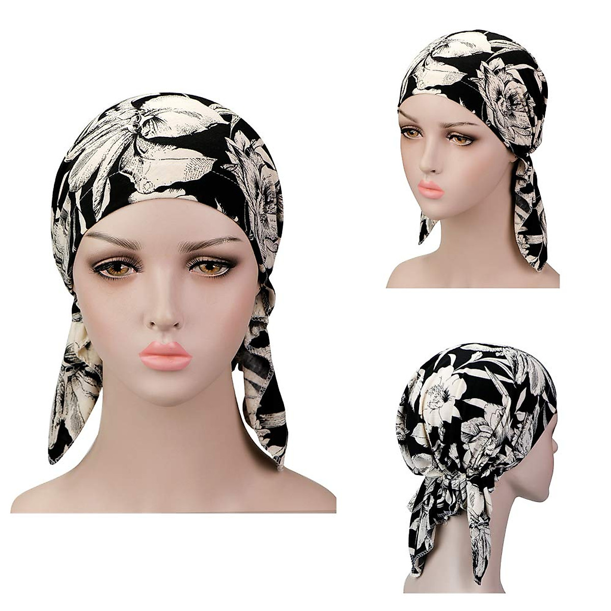 Pre Tied Chemo Head Scarf 3 Packed Beanie Skull Cover Cap for Women (Set1)