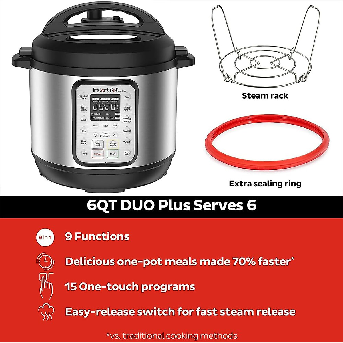 Instant Pot 072-10-4433 Duo Plus 9-in-1 Electric Pressure Cooker 6 Quart Stainless Steel (Renewed)F
