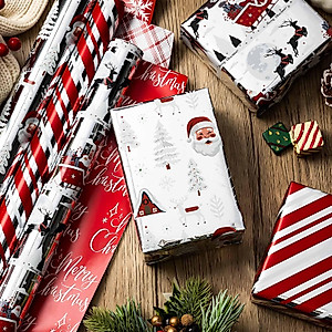 Homeral Reversible Christmas Wrapping Paper Roll - Metallic Shine Santa, Sleigh, Reindeer, Stripe, Plaid, Letterings, Snowflake for Christmas, New Year Celebration - 3 Rolls - 17 x 120 Inch Per Roll