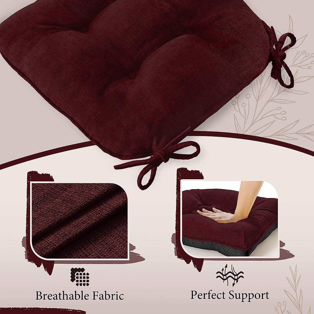 cozyide Chair Cushions for Dining Chairs, 17" x 17" Non-Slip Kitchen Chair Pads with Adjustable Ties, Memory Foam Indoor Chair Cushions for Dining Room, Burgundy (Pack of 4)