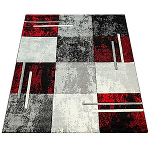 Paco Home Designer Rug Modern with Contour Cut Chequered in Silver Black Red, Size: 5'3" x 7'7"