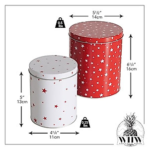 WHW Whole House Worlds 2 Piece Red and White Cookie Tin Set With Detachable Lids, Merry Star Pattern, Cylinders, 5 and 6.25 Inches Tall