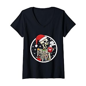 Skeleton Drinking Chocolate Winter December Christmas V-Neck T-Shirt