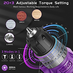 Brushless Cordless Drill Set, 20V Compact Power Drill Driver, Purple Brushless Electric Drill Motor, 20+3 Torque Setting, 48 N.m, 2 Variable Speed, 23pcs Drill/Driver Bits, with Tool Box