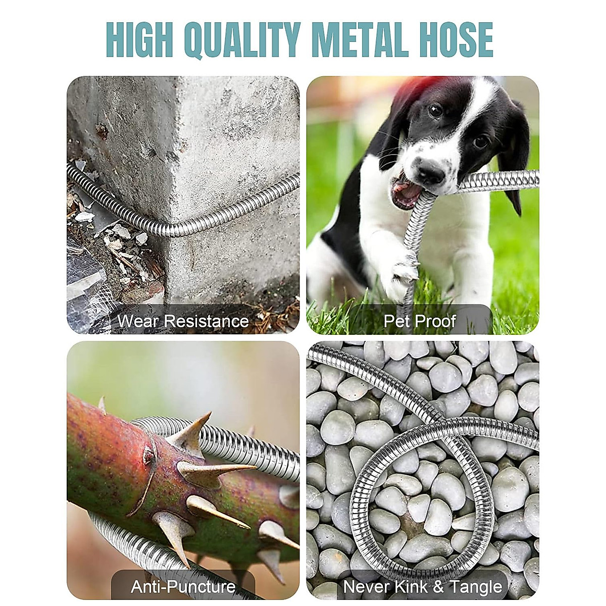 Stainless Steel Garden Hose, 50ft Heavy Duty Metal Water Hose with 10-Mode Water Gun & 6 Pattern Spray Nozzle, Flexible, Leak Proof, No Kink, Puncture Resistant for Yard, Outdoors, Rv