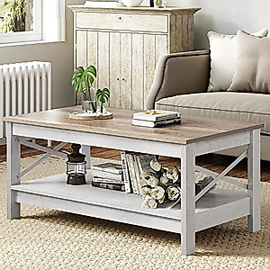 YITAHOME Grey Coffee Table for Living Room,Modern Farmhouse Coffee Table with Storage,2-Tier Center Table for Living Room Wood Living Room Table Accent Cocktail Ends Table with Sturdy Frame