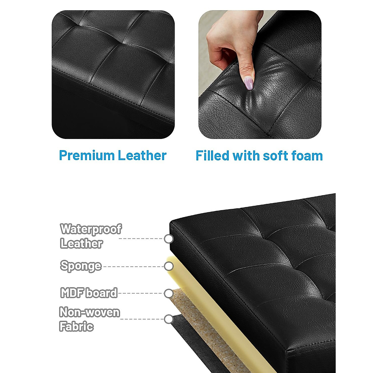 Bsketa Storage Ottoman Foot Rest Stool, Small Leather Storage Ottomans Bench, Folding Foot Stool with Handles Lid, Foot Rest Under Desk for Living Room Bedroom, 17x13x13 in, Black