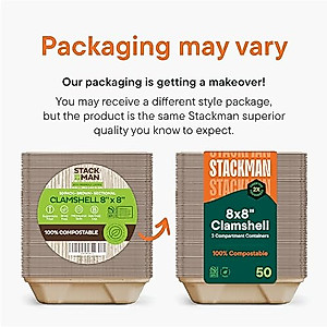 [Bulk - 200-Count] 100% Compostable to Go Containers 8x8" 3-Compartment Clamshell Take Out Food Container with Hinged Lid - Disposable Togo Plates - Eco-Friendly Takeout Box Made of Sugar Cane Bagasse