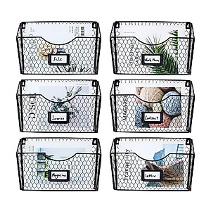 PAG 6 Pockets Hanging File Holder Wall Mount Mail Organizer Metal Chicken Wire Magazine Rack with Tag Slot, Black