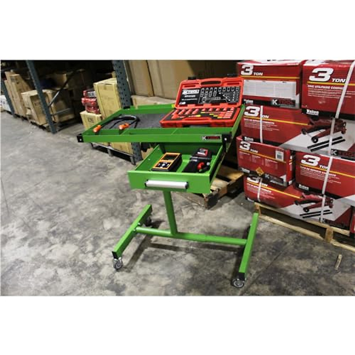 K Tool International 75108 Adjustable Tear Down Work Table with Drawer for Garages, Repair Shops, and DIY, Portable, (4) 2" Swivel Casters, 200 Pound Capacity, Rubber Corners, Heavy Duty Steel, Green