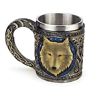 EZESO Stainless Steel Wolf Mug, Resin 3D Wolf Coffee Cup Stainless Steel Travel Tea Wine Beer Mugs (Wolf Mug)