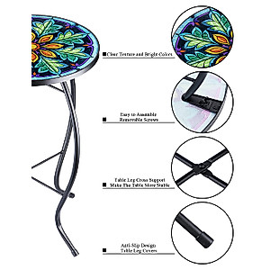 VCUTEKA Outdoor Side Table Mosaic End Table Patio Side Table Small End Table Glass Top Round Balcony Coffee Table Porch Indoor Glass Top