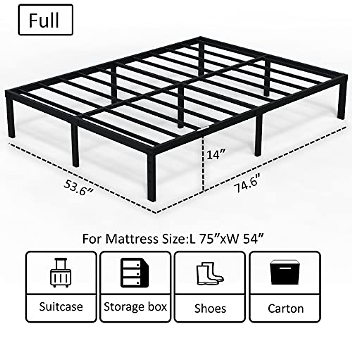 EMODA 14 Inch Full Size Bed Frame Heavy Duty Metal Platform No Box Spring Needed, Easy Assembly Noise Free, Black