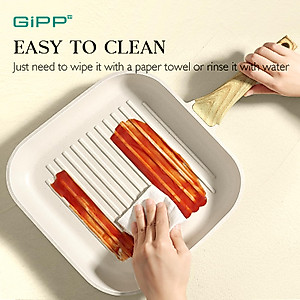 GiPP Nonstick Grill Pan for Stove Tops - 11 Inch Square Grilling Pan for Indoor Cooking & Outdoor Grilling, Non Stick Granite Grill Skillet Steak Pan, PFOA Free, White
