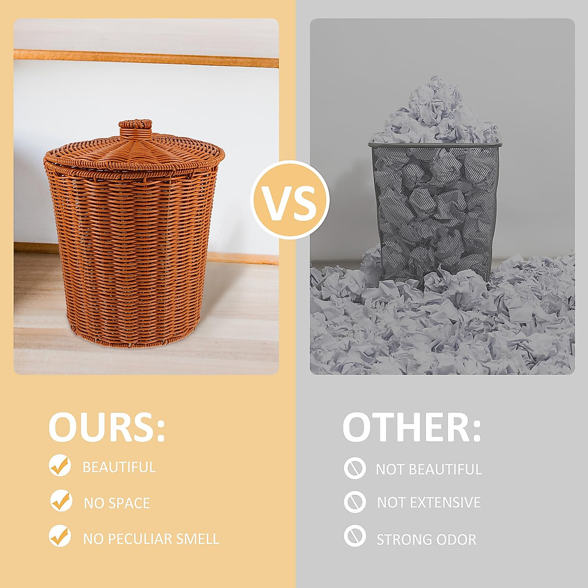 Wicker Waste Can with lid: Woven Trash Basket Wicker Wastebasket Round Garbage Container bin for Bathroom Bedroom Home Office