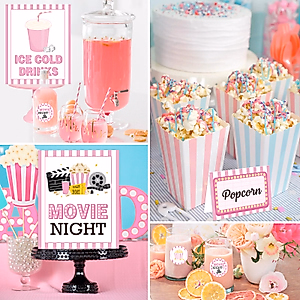 K KUMEED Movie Night Party Decorations-Pink Movie Night Banner Cute Popcorn Sign Ice Cold Drink Toppings Tent Cards Movie Night Stickers for Movie Theme Party Summer Ice Bar Film Party Supplies