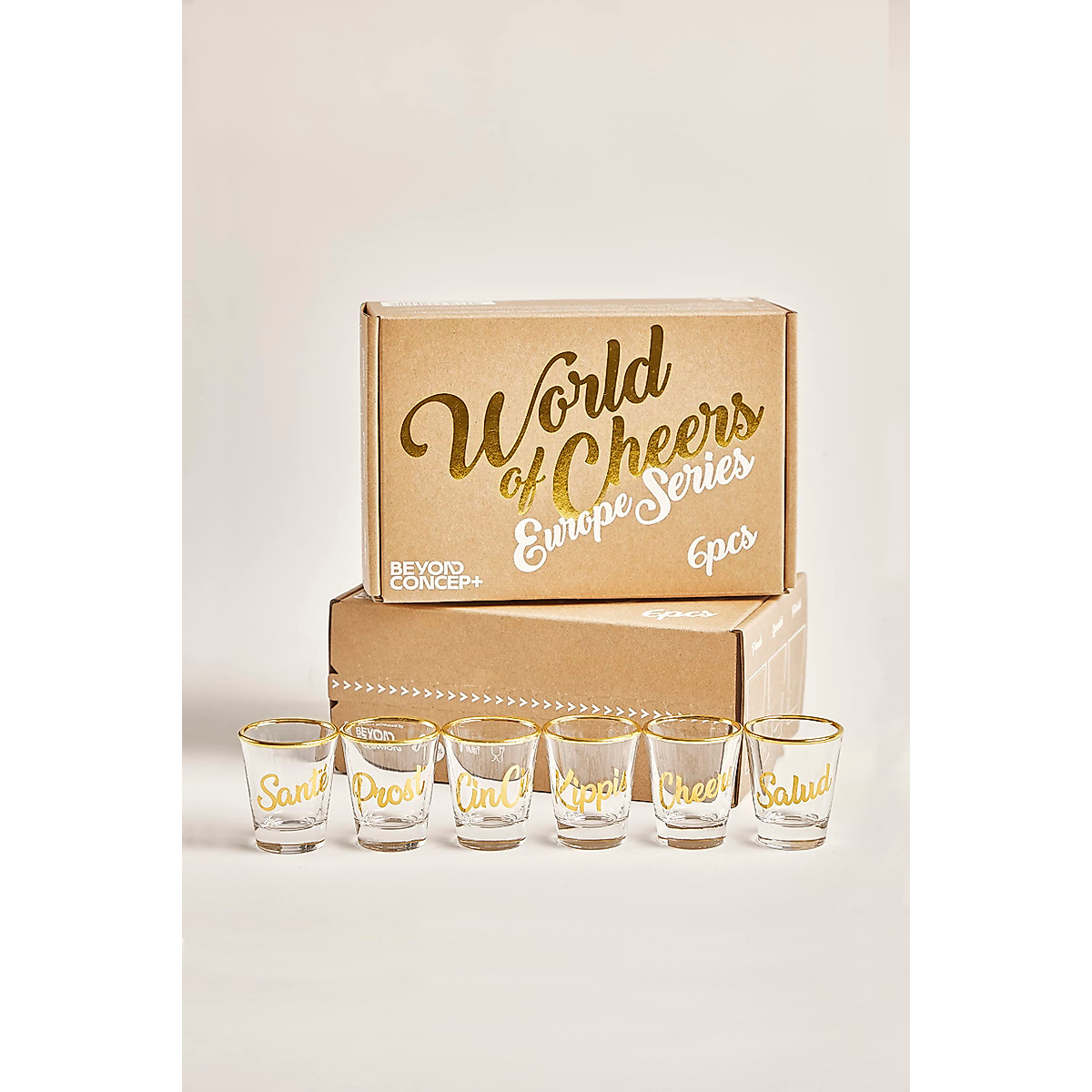 World of Cheers Europe Series, Set of 6 cute shot glasses bulk (1.5oz / 50ml) Heavy Base Shot Glasses Set, Detailed with Gold Rim shot glass, and Typography, an Uplifting Barware Collection