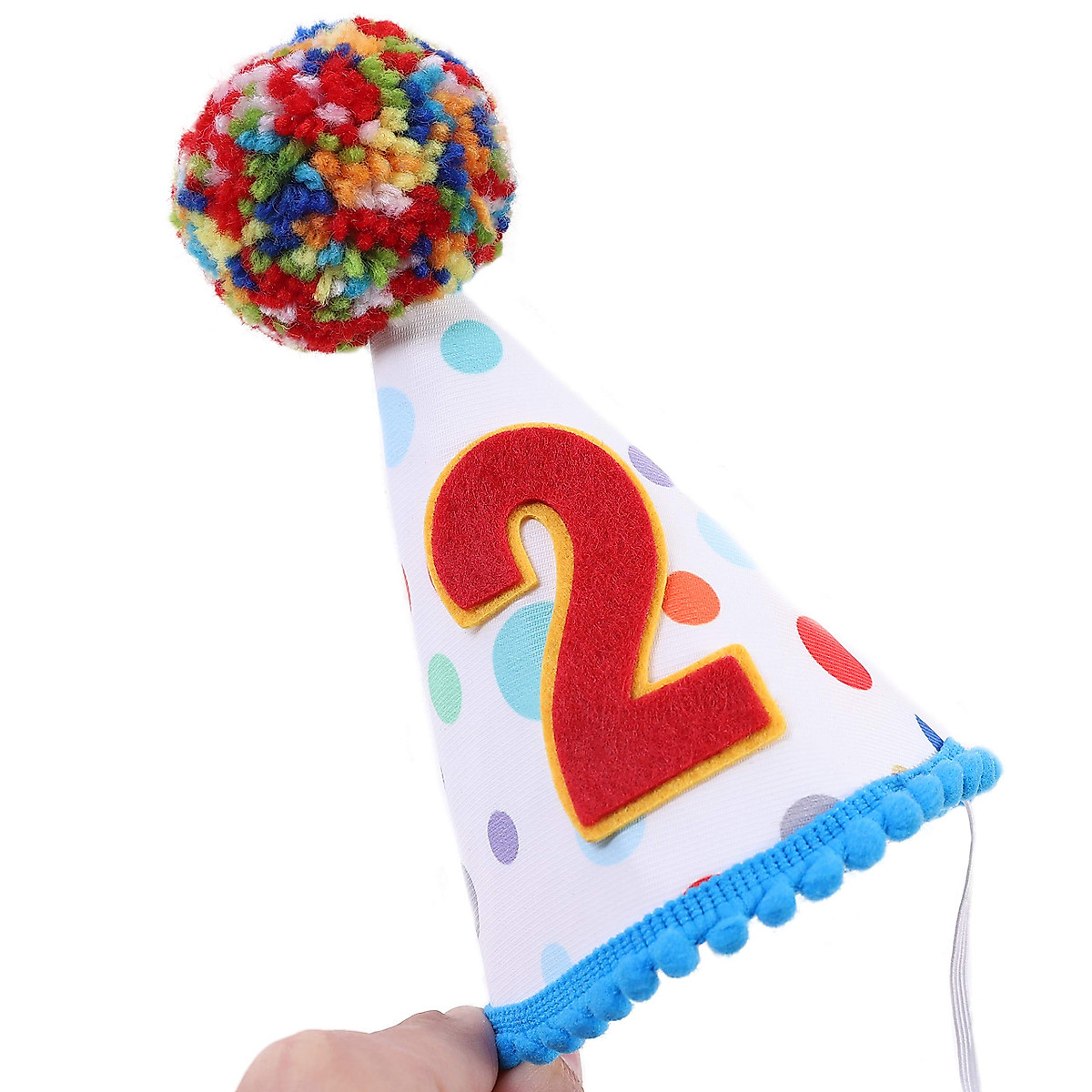 WAHAWU Baby Costume Headwear, 2nd Birthday Party Hat - Primary Colors, Handmade Baby Hat, Baby Girls/Boys Birthday Confetti Cone Hat, Colored Fur Balls Hat