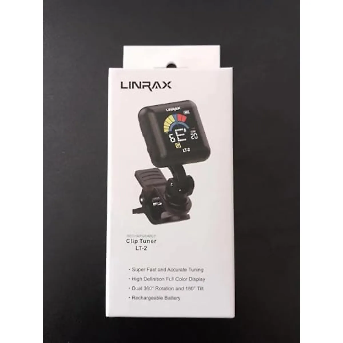 Linrax LT-2 Guitar Tuner Rechargeable Clip On Tuner for Guitar, Bass, Ukulele, Violin, Banjo, Chromatic Tuner with LCD Color Display, Digital Tuner for Stringed Instruments, Guitar Accessories, Black