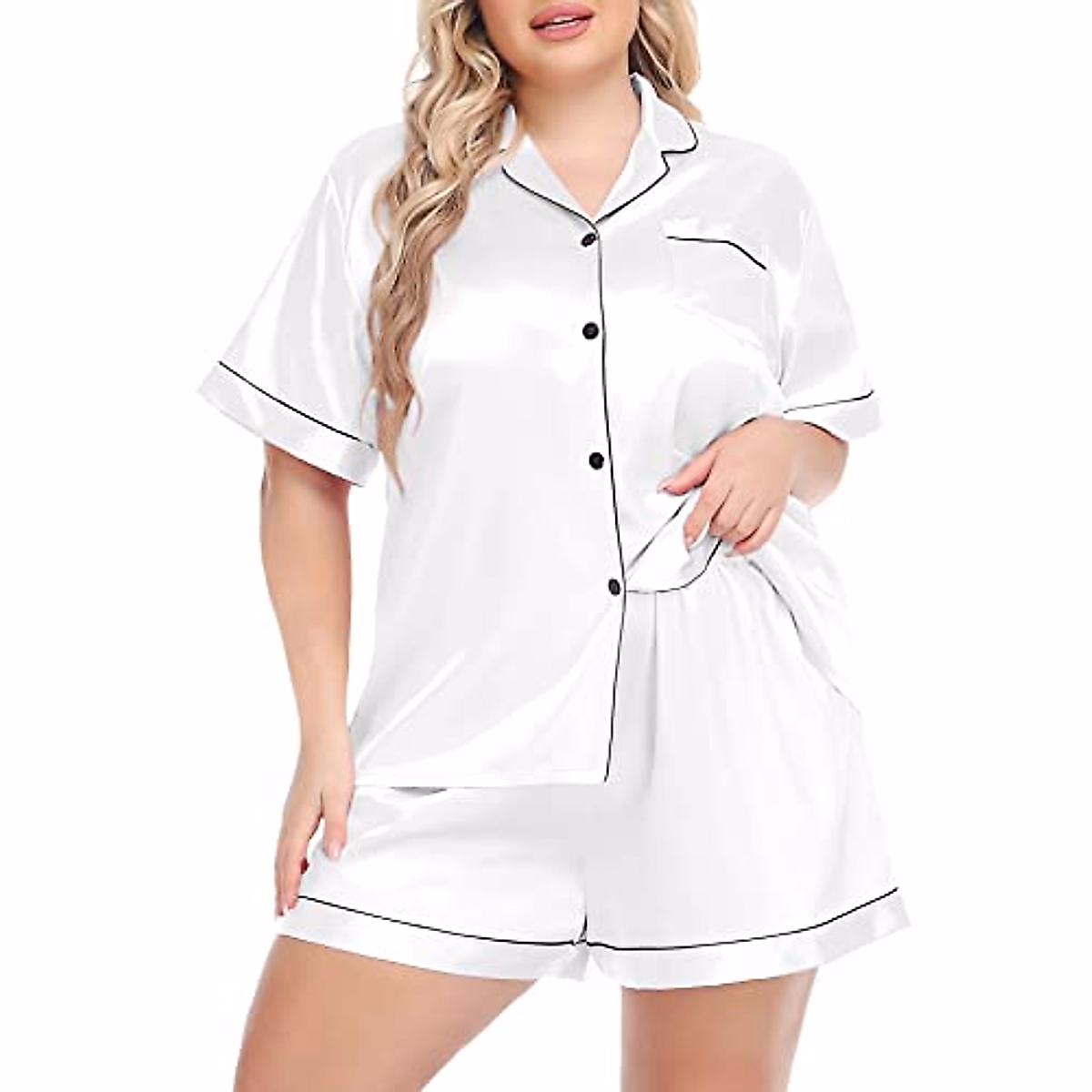 SWOMOG Women's Plus Size Pajama Set Silk Satin Pajamas Short Sleeve 2 piece Sleepwear Button Down Bride Loungewear Set White