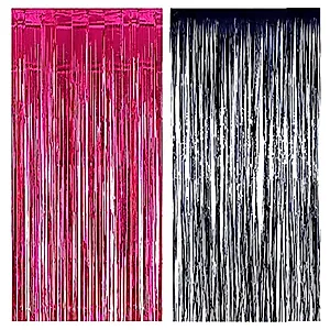 MORANTI 2 Pack 3 ft x 8 ft Metallic Tinsel Foil Fringe Curtains Party Backdrop for Birthday Party Photo Backdrop Decorations (Hot Pink, Black)