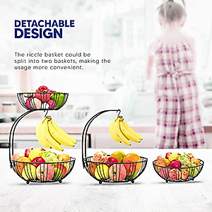 RICCLE Fruit Basket For Kitchen Counter - 2 Tier Fruit Basket With Banana Hanger - Double Layer Metal Wire Fruit Bowl For Kitchen Countertop - Two Tiered Fruit Holder For Produce, Vegetables, Kitchen