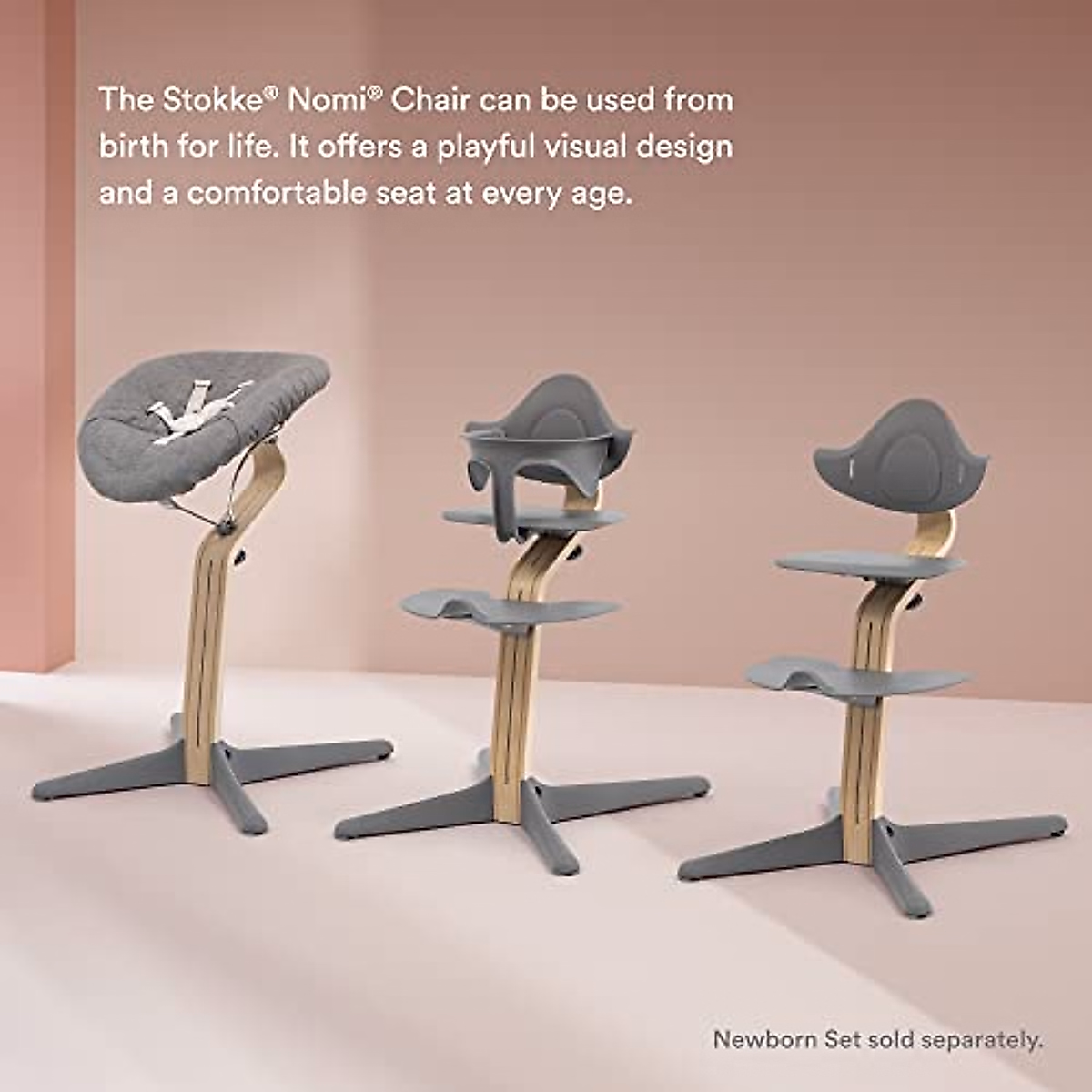 Stokke Nomi High Chair, Grey/Natural - Inspires Active Sitting - Tool-Free, Seamless Adjustability - Includes Baby Set with Removable Harness for Children 6-24 Months