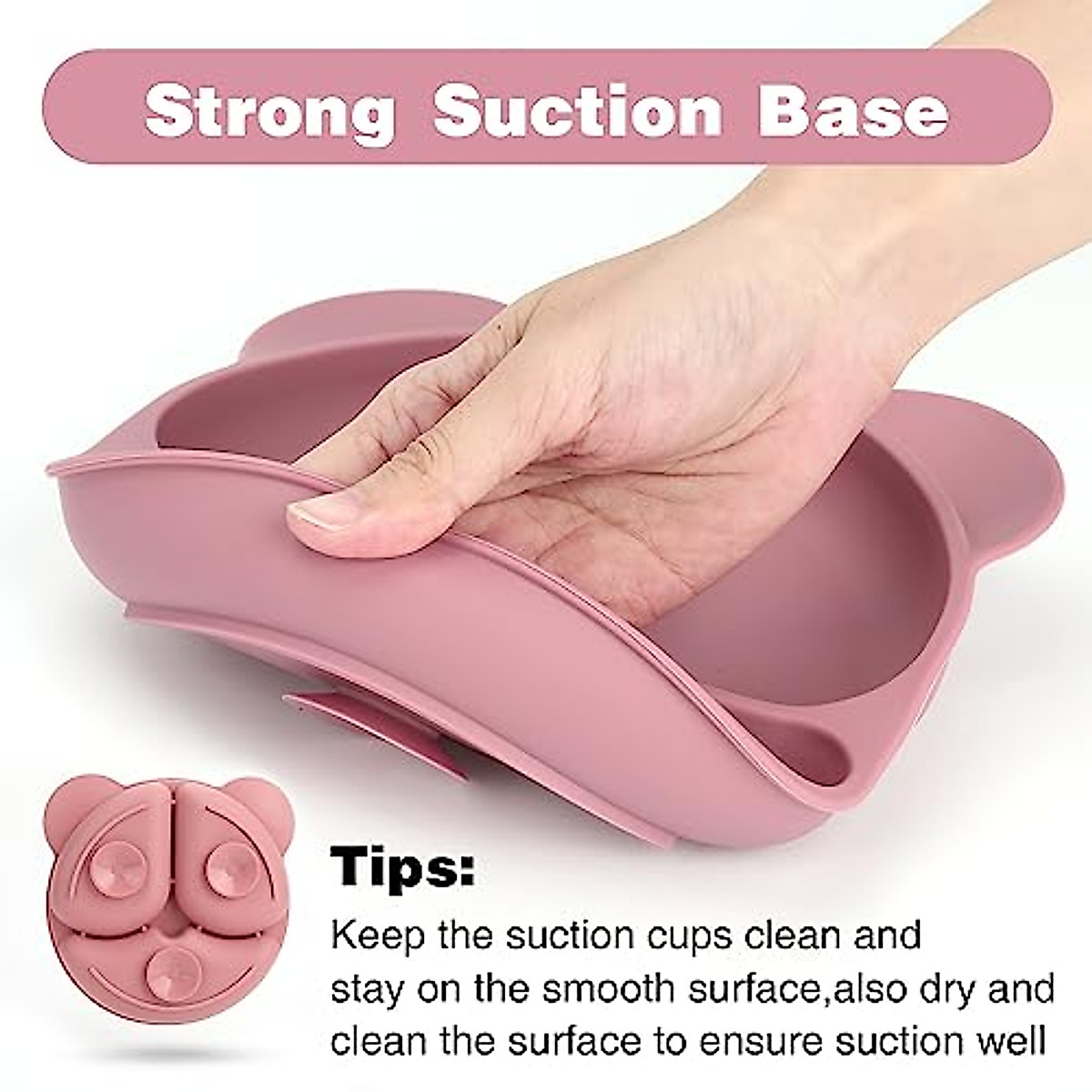 E-PRONSE Suction Plates for Babies & Toddlers | 100% Silicone | Plates Stay Put with Suction Feature | Divided Design Bear Pink