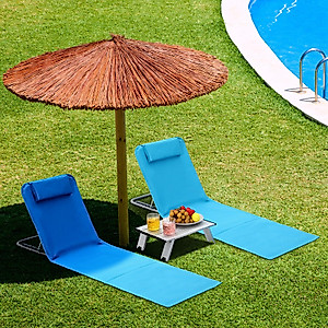 Beeveer 4 Pack Beach Lounge Chaise Chairs with 2 Folding Side Tables Portable Tanning Chair 5 Position Adjustable Lightweight Camping Chair for Sunbathing, Outdoor Yard, Lawn (Lake Blue)
