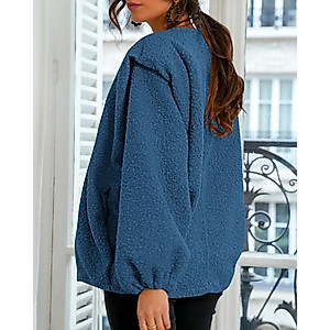 KIRUNDO Women's 2024 Fall Winter Sherpa Fleece Jacket Faux Wool Embedded Lantern Sleeve Casual Loose Outwear With Pockets(Blue, Small)