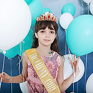 Gold Birthday Girl Sash & Red Crystal Crown Set, Didder Birthday Crown Birthday Tiara for Women Birthday Crowns for Women Girls Birthday Sash and Tiara for Women Happy Birthday Gift