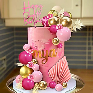 29 PCS Flower Boho Cake Topper Balls Cake Decorations with Hot Pink and Gold Balls Palm Leaves Artificial Plants for Wedding Baby Shower Oh Baby Boys Girls Birthday Themed Party Supplies (Hot Pink)