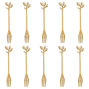 AnSaw 10-Piece Gold Mini Leaf Dessert Forks Set - 4.7" Elegant Stainless Steel Fruit, Appetizer, Cake & Salad Forks - Perfect for Cocktail Parties & Home Use