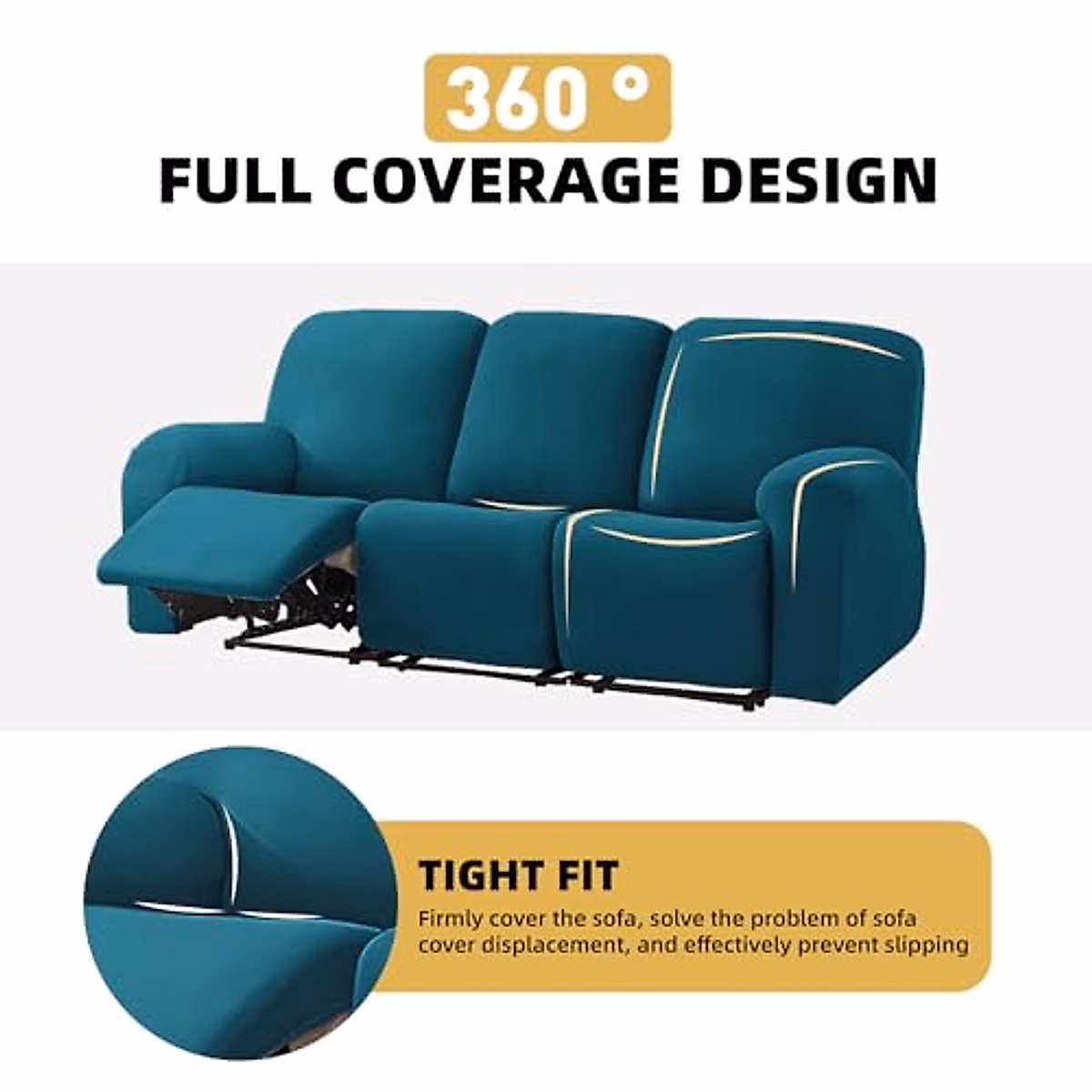 HDCAXKJ 100% Waterproof 8-Piece Recliner Couch Cover for Reclining Couch 3 Seat Super Stretch Soft Recliner Sofa Covers for 3 Cushion Couch Recliner Set Slipcovers Protector (Peacock Blue, 3 Seat)