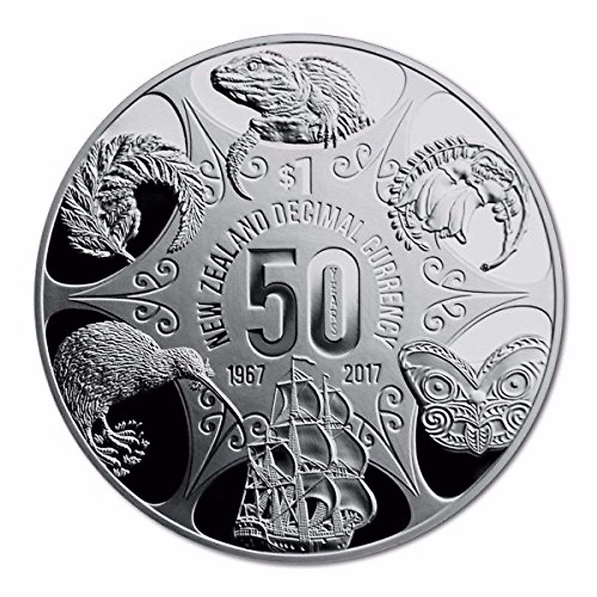2017 NZ Silver Dollar Proof Coin - 50 Years (Of Decimal Currency) $1 Uncirculated Reserve Bank Of New Zealand