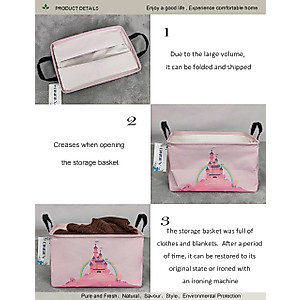 ONOEV Rectangular Folding Laundry Basket,waterproof Canvas Basket,gift basket,Suitable for children's room,Office,Clothes,Toys Storage(Pink Castle)