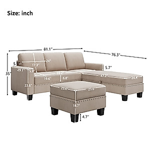 FIQHOME 81" Reversible, L-Shaped Couch with Storage Ottoman,Sectional Chaise,Nailheaded Textured Fabric 3 Pieces Sofa Set,Warm Grey