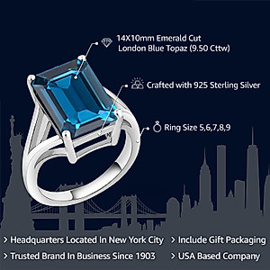 Gem Stone King 925 Sterling Silver London Blue Topaz Solitaire Ring For Women (9.50 Cttw, Emerald Cut 14X10MM, Gemstone Birthstone, Available In Size 5, 6, 7, 8, 9)