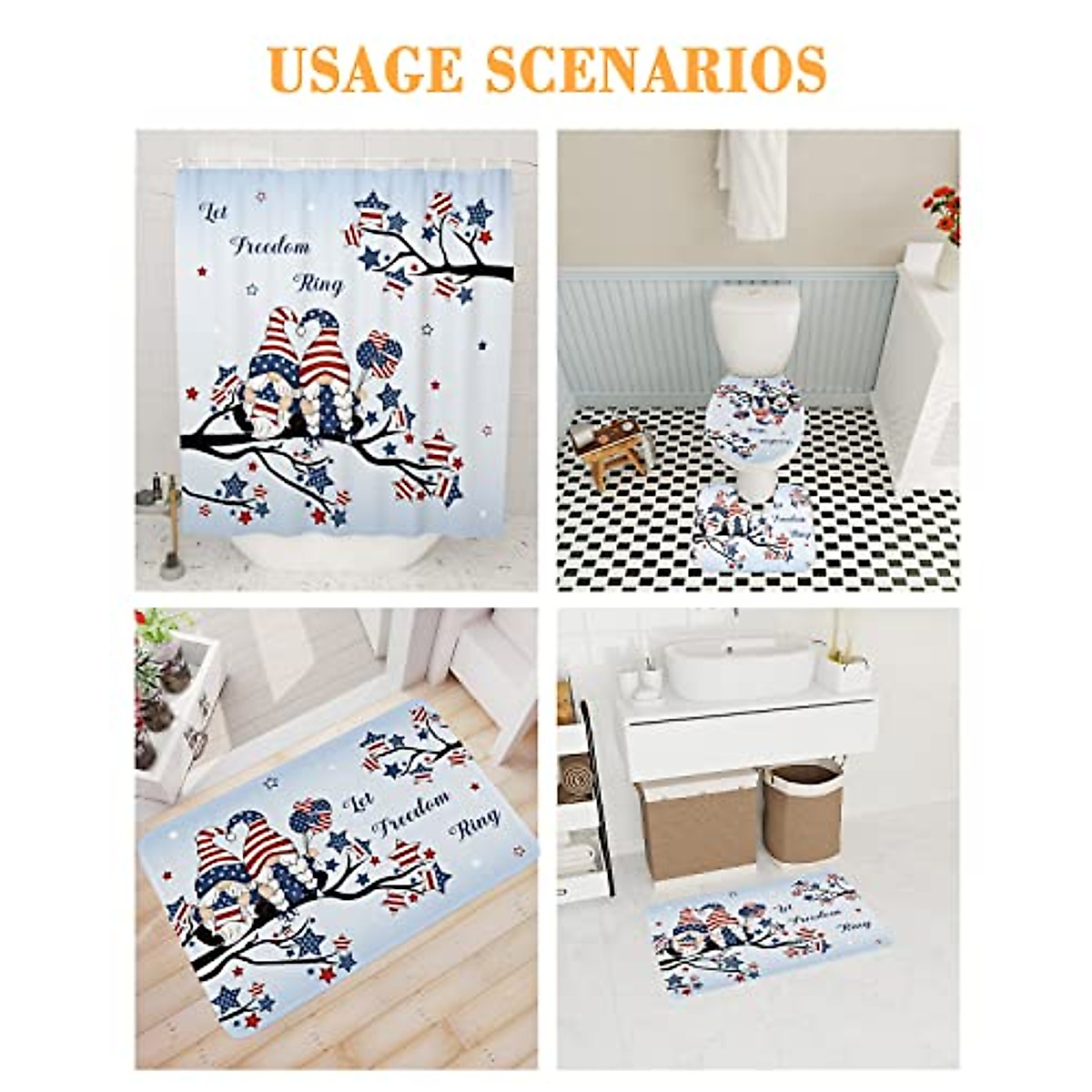 4Pcs Bath Set Home Decor, Freedom Gnomes Bathroom Waterproof Shower Curtain with Hook, 4th of July Patriotic Memorial Flag Day Large Runner Rugs, Toilet Lid Cover and U-Shaped Bath Mat, 66"x72"