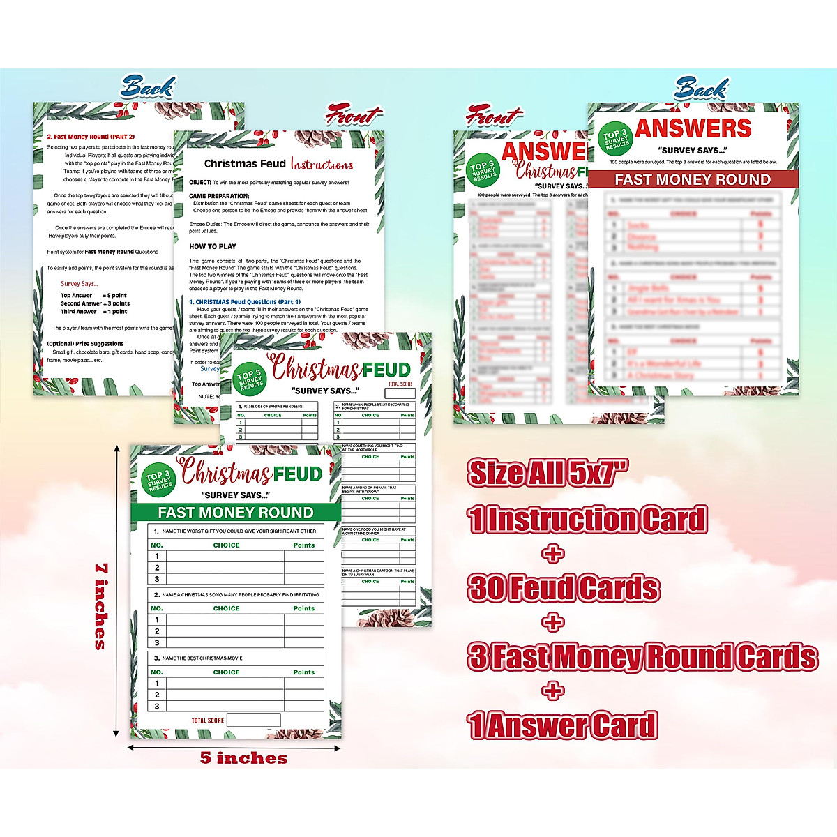 Christmas Feud Game Set, Friendly Feud Quiz, Baby Shower Game, Christmas Party Activity, Family Games for Adults (30 Feud Cards + 3 Fast Money Round Cards) Xmas Holiday Winter Party Decorations-P006